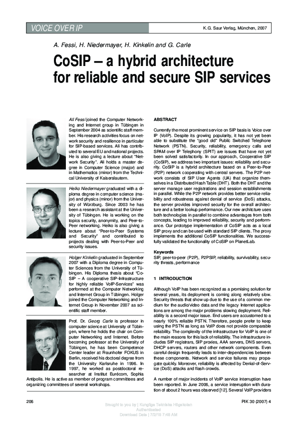 (PDF) CoSIP – a hybrid architecture for reliable and secure SIP services