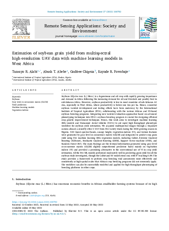 Pdf Estimation Of Soybean Grain Yield From Multispectral High