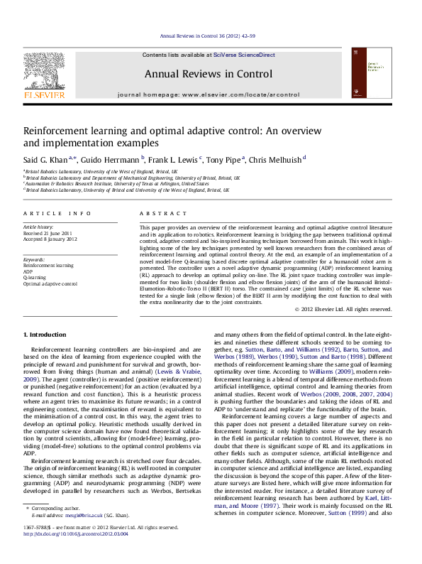 Pdf Reinforcement Learning And Optimal Adaptive Control An Overview And Implementation Examples
