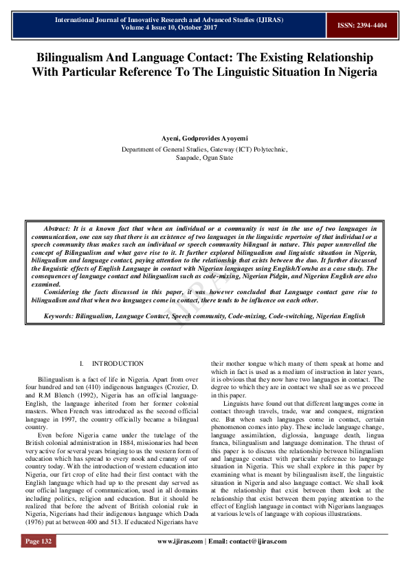 (PDF) Bilingualism And Language Contact: The Existing Relationship With ...
