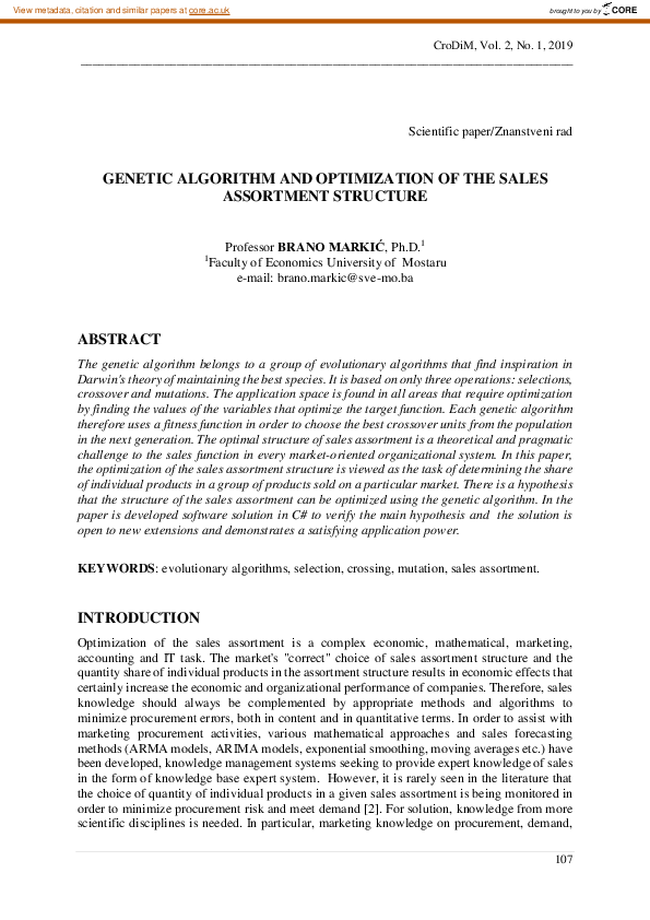 (PDF) Genetic Algorithm and Optimization of the Sales Assortment Structure
