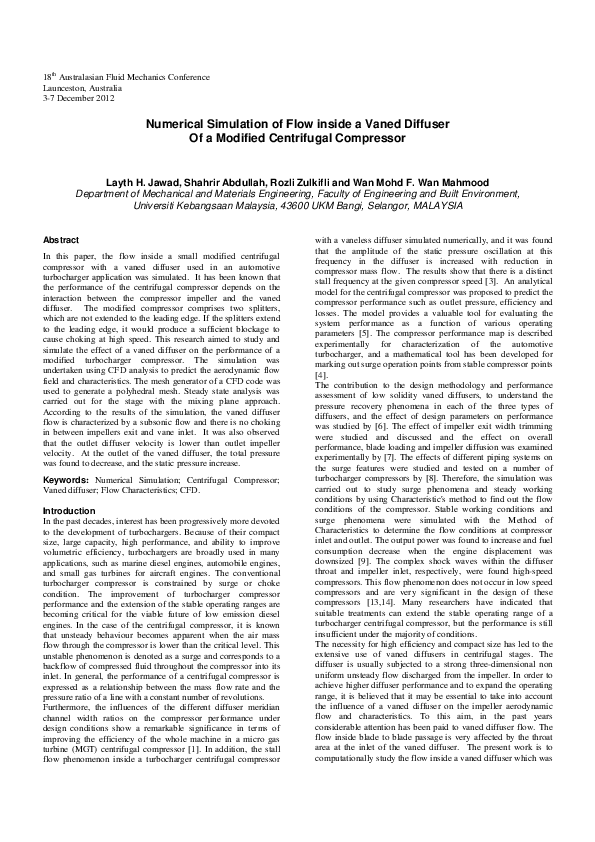 Pdf Numerical Simulation Of Flow Inside A Vaned Diffuser Of A
