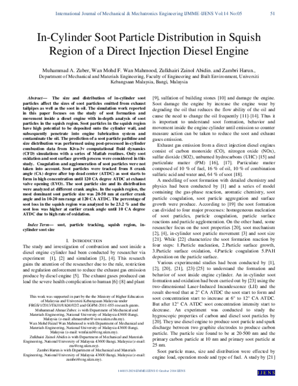 Pdf In Cylinder Soot Particle Distribution In Squish Region Of A Direct Injection Diesel Engine