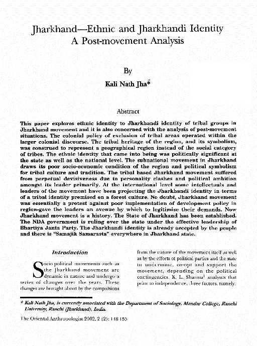 (PDF) Jharkhand-Ethnic and Jharkhandi Identity A Post-movement Analysis