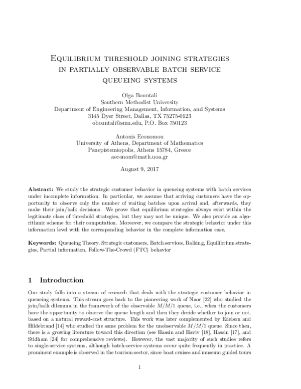 (PDF) Equilibrium threshold joining strategies in partially observable batch service queueing ...
