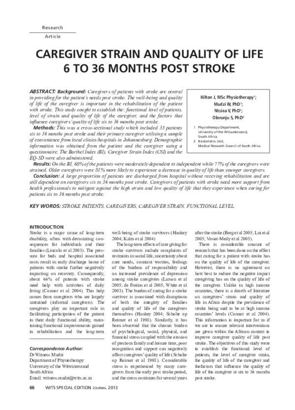 (PDF) Caregiver strain and quality of life 6 - 36 Months post stroke ...