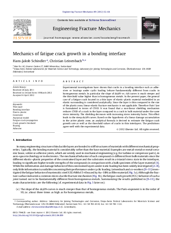 (PDF) Mechanics of fatigue crack growth in a bonding interface