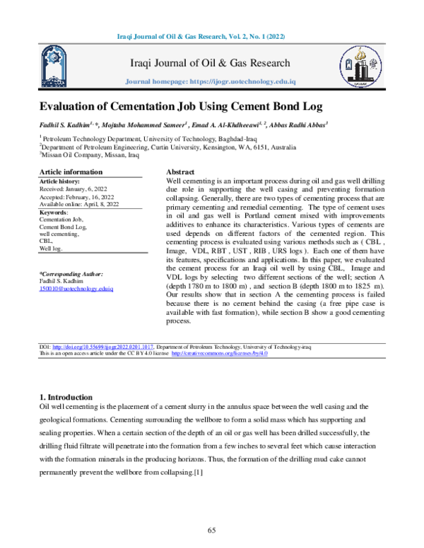 (PDF) Evaluation of Cementation Job Using Cement Bond Log