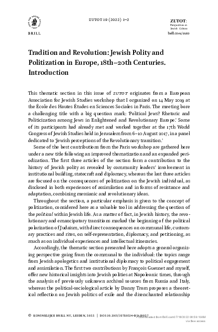 (PDF) Tradition and Revolution: Jewish Polity and Politization in ...