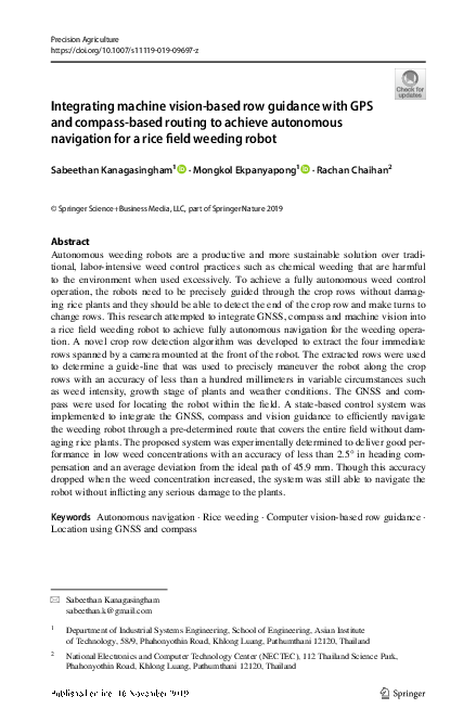 (PDF) Integrating machine vision-based row guidance with GPS and compass-based routing to ...