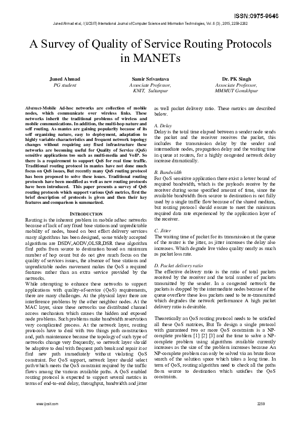 (PDF) A Survey of Quality of Service Routing Protocols in MANETs