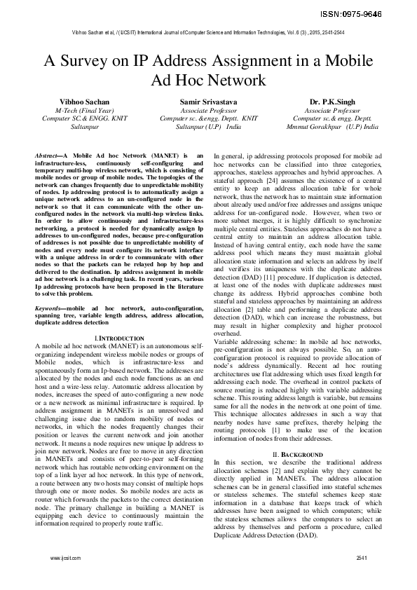 Pdf A Survey On Ip Address Assignment In A Mobile Ad Hoc