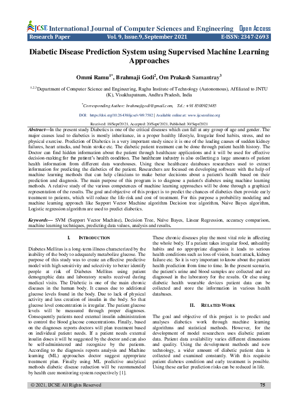 (PDF) Diabetic Disease Prediction System using Supervised Machine Learning Approaches | brahmaji ...