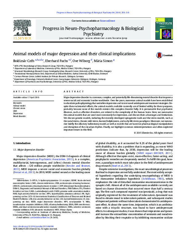 (PDF) Animal models of major depression and their clinical implications