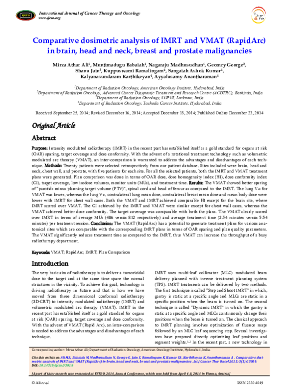 (PDF) Comparative dosimetric analysis of IMRT and VMAT (RapidArc) in brain, head and neck ...