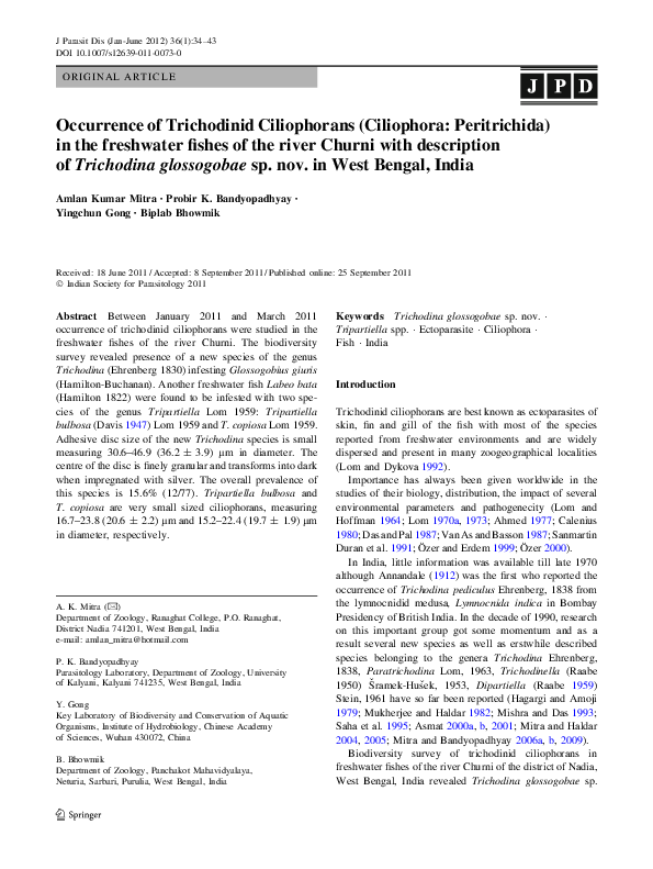 (PDF) Occurrence of Trichodinid Ciliophorans (Ciliophora: Peritrichida ...