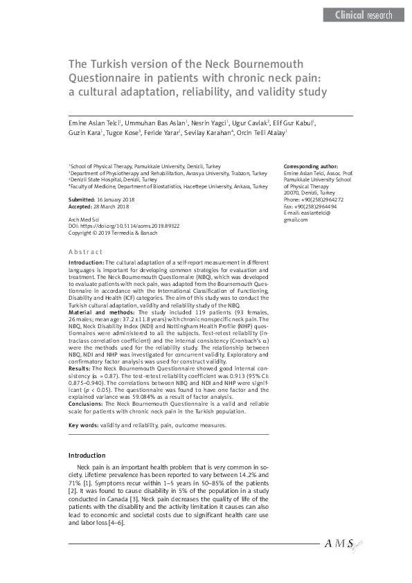 (PDF) The Turkish version of the Neck Bournemouth Questionnaire in ...