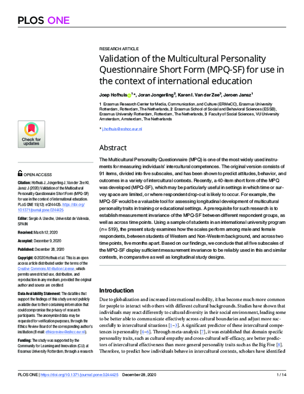 (PDF) Validation of the Multicultural Personality Questionnaire Short Form (MPQ-SF) for use in ...