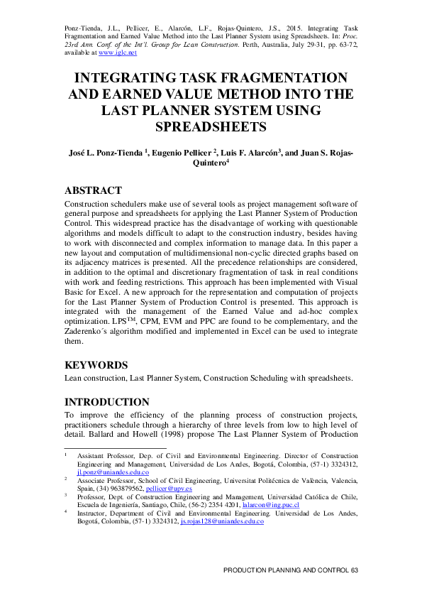 Pdf Integrating Task Fragmentation And Earned Value Method Into The Last Planner System Using