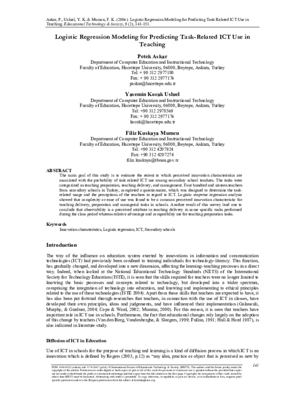 (PDF) Logistic regression modeling for predicting task-related ICT use in teaching