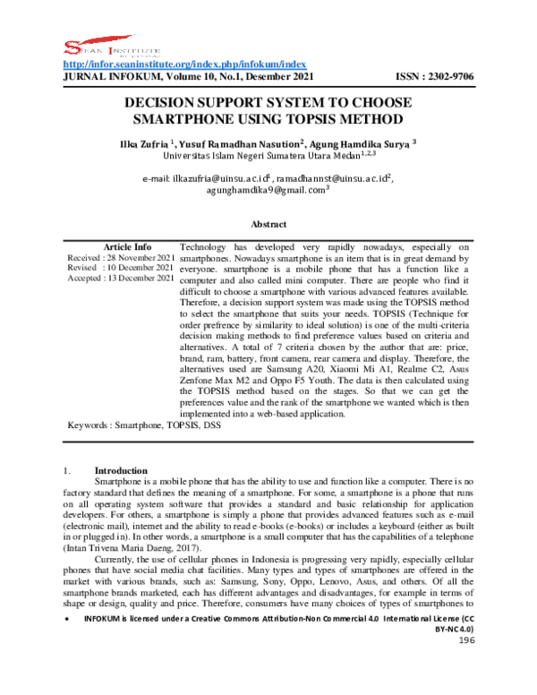 (PDF) Decision Support System to Choose Smartphone Using Topsis Method