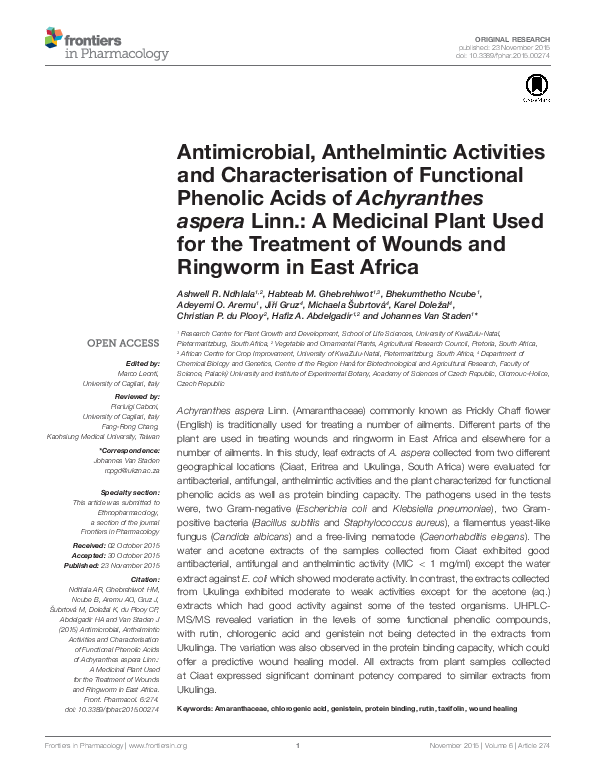 (PDF) Antimicrobial, Anthelmintic Activities and Characterisation of Functional Phenolic Acids ...