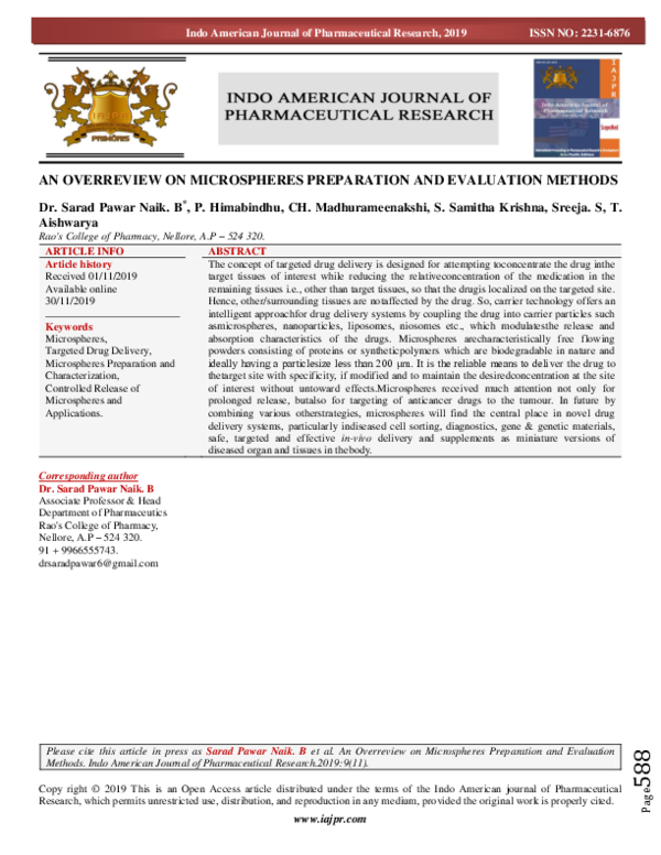 (PDF) An Overreview on Microspheres Preparation and Evaluation Methods