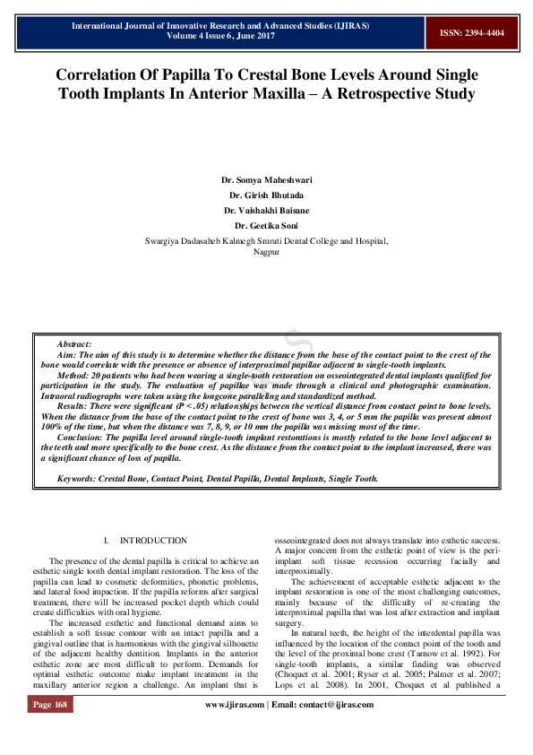 (PDF) Correlation Of Papilla To Crestal Bone Levels Around Single Tooth ...