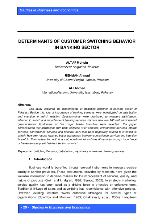 Pdf Determinants Of Customer Switching Behavior In Banking Sector