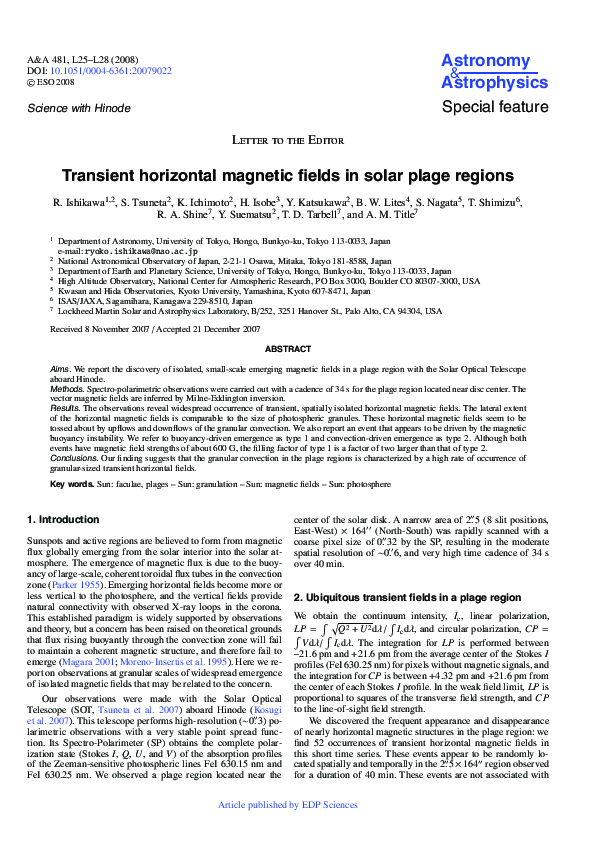 (PDF) Transient horizontal magnetic fields in solar plage regions