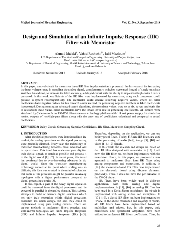 (PDF) Design and Simulation of an Infinite Impulse Response ( IIR ) Filter with Memristor