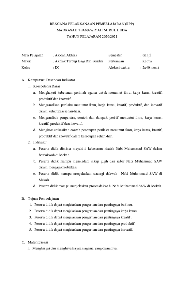 (DOC) RENCANA PELAKSANAAN PEMBELAJARAN (RPP) MADRASAH TSANAWIYAH NURUL HUDA TAHUN PELAJARAN 2020 ...