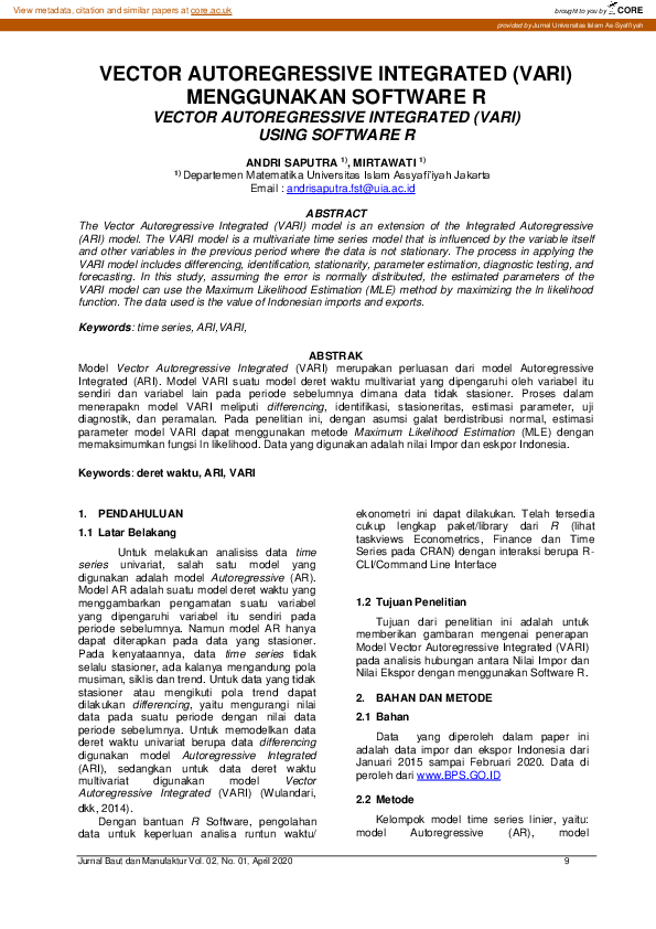 (PDF) Vector Autoregressive Integrated (Vari) Menggunakan Software R Vector Autoregressive ...