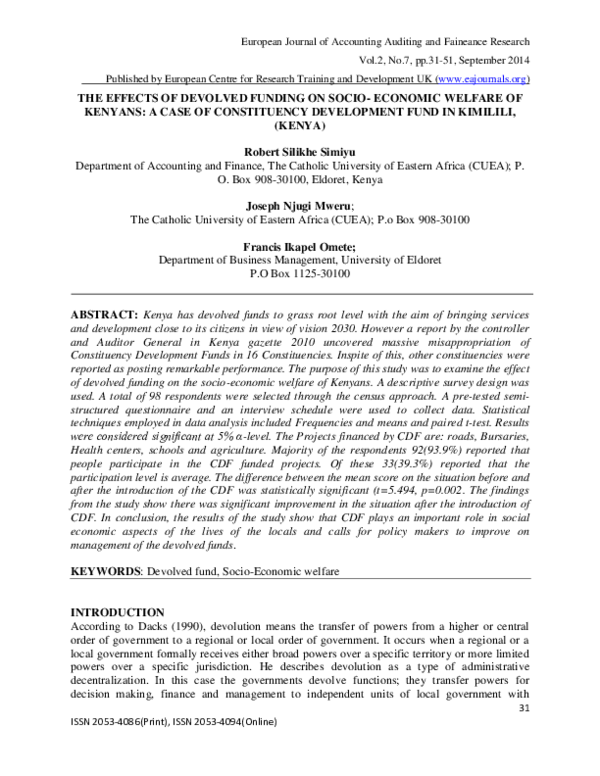 (PDF) The Effects of Devolved Funding on Socio- Economic Welfare of ...