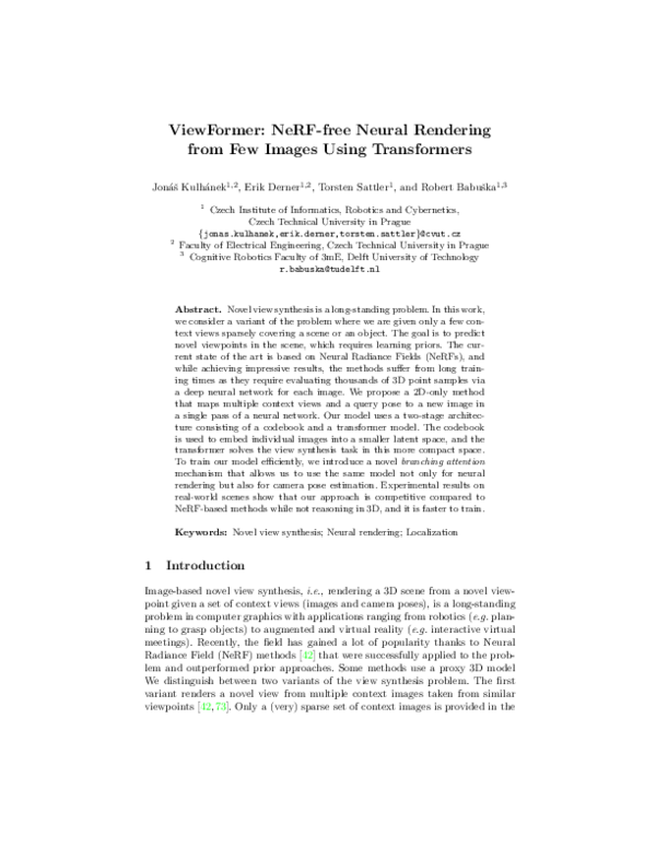 (PDF) ViewFormer: NeRF-free Neural Rendering from Few Images Using Transformers | Jonáš Kulhánek ...