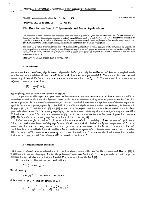 (PDF) The Root Separation of Polynomials and Some Applications