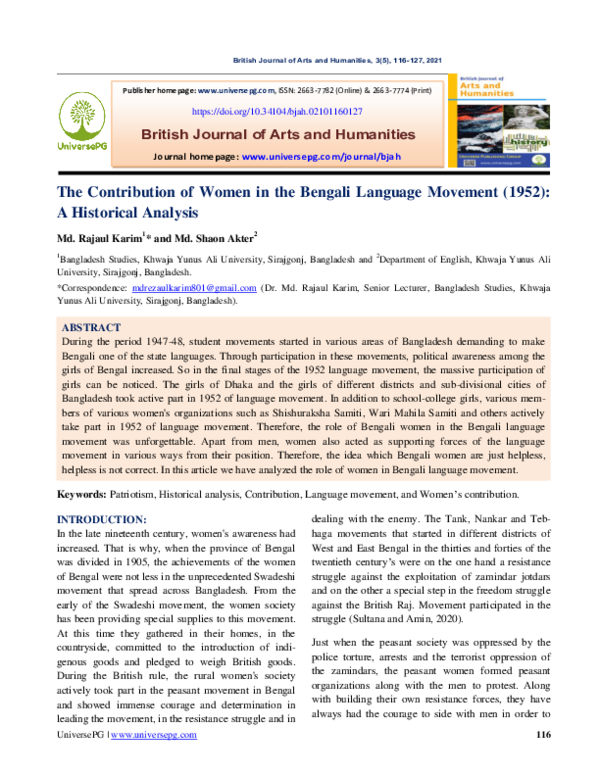 (PDF) The Contribution of Women in the Bengali Language Movement (1952 ...