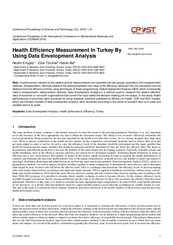 (PDF) Health Efficiency Measurement In Turkey By Using Data Envelopment Analysis