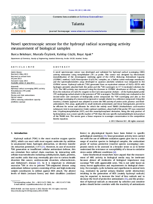 (PDF) Novel spectroscopic sensor for the hydroxyl radical scavenging ...