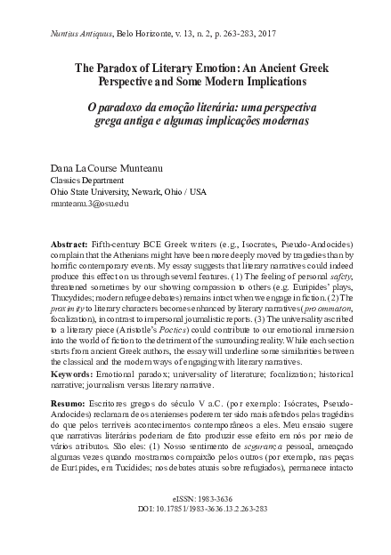 (PDF) The Paradox of Literary Emotion: An Ancient Greek Perspective and ...