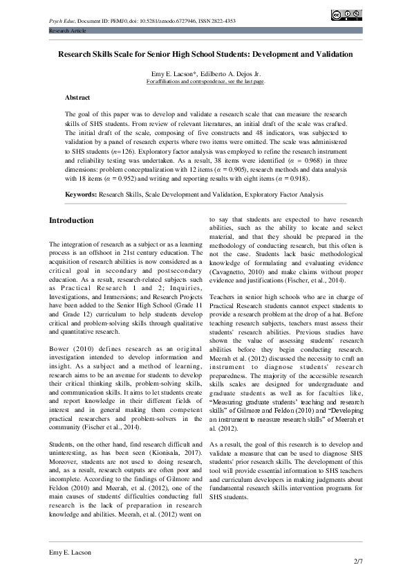 (PDF) Research Skills Scale for Senior High School Students ...