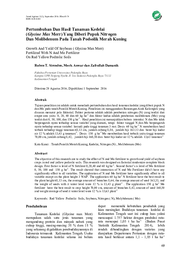 (PDF) Pertumbuhan Dan Hasil Tanaman Kedelai (Glycine Max Merr) Yang Diberi Pupuk Nitrogen Dan ...