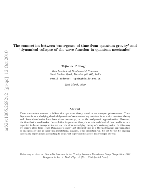(PDF) The Connection Between "Emergence of Time from Quantum Gravity" and "Dynamical Collapse of ...