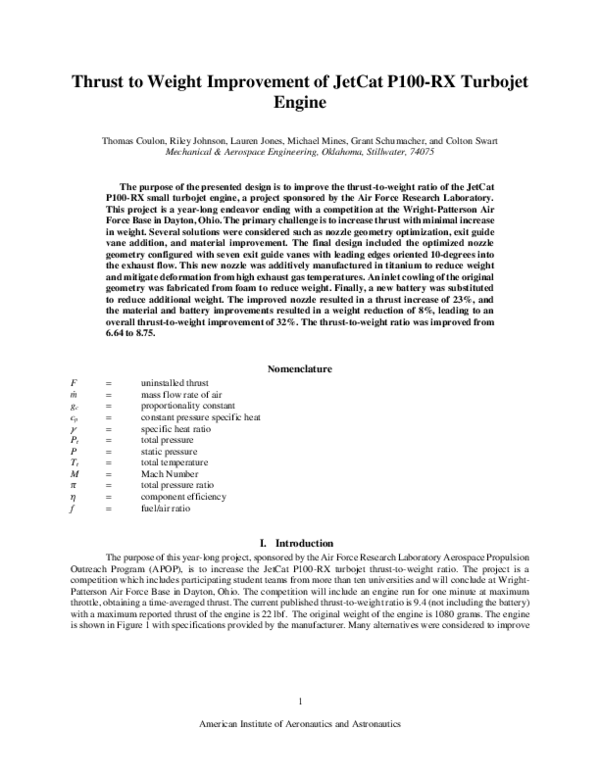 (PDF) Thrust to Weight Improvement of Jetcat P100 RX Turbojet Engine