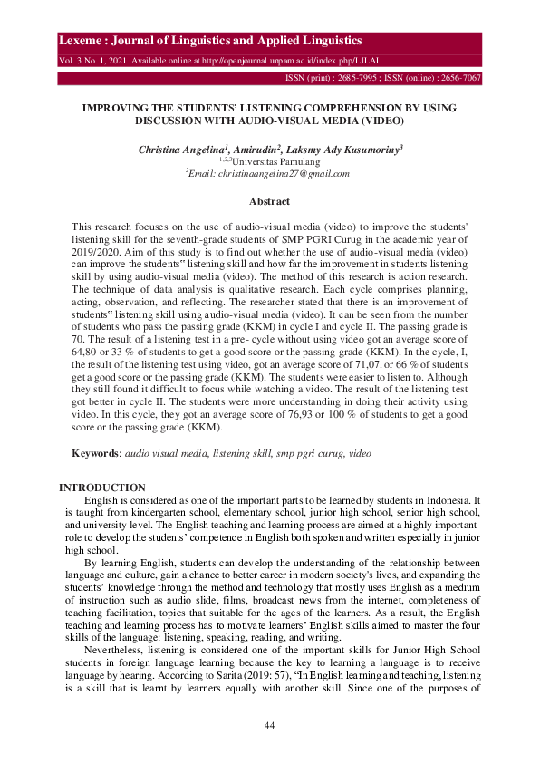 (PDF) Improving the Students’ Listening Comprehension by Using Discussion with Audio-Visual ...