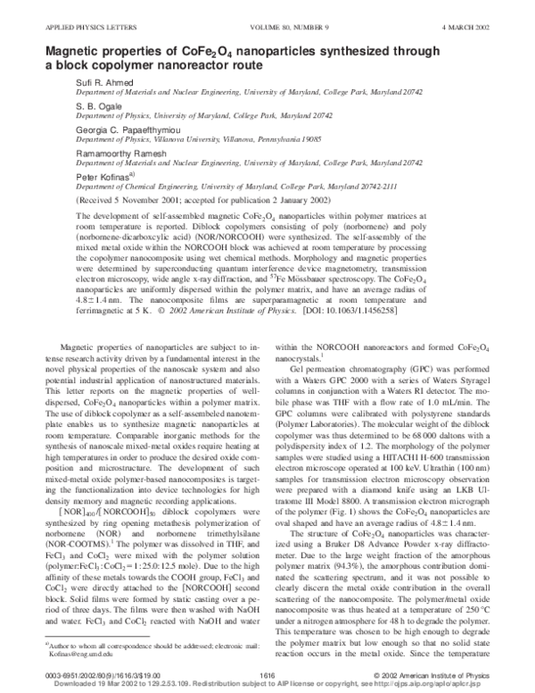 (PDF) Magnetic properties of CoFe2O4 nanoparticles synthesized through a block copolymer ...