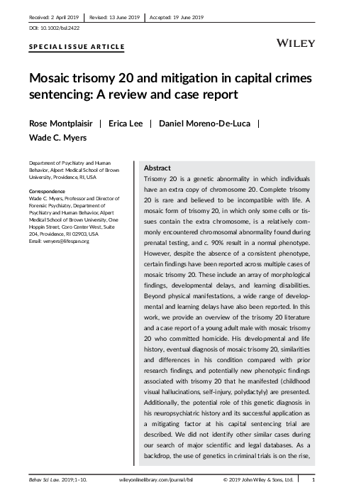Pdf Mosaic Trisomy 20 And Mitigation In Capital Crimes Sentencing A Review And Case Report