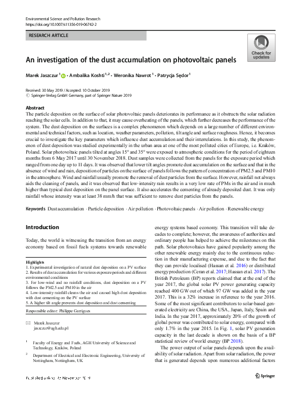Pdf An Investigation Of The Dust Accumulation On Photovoltaic Panels