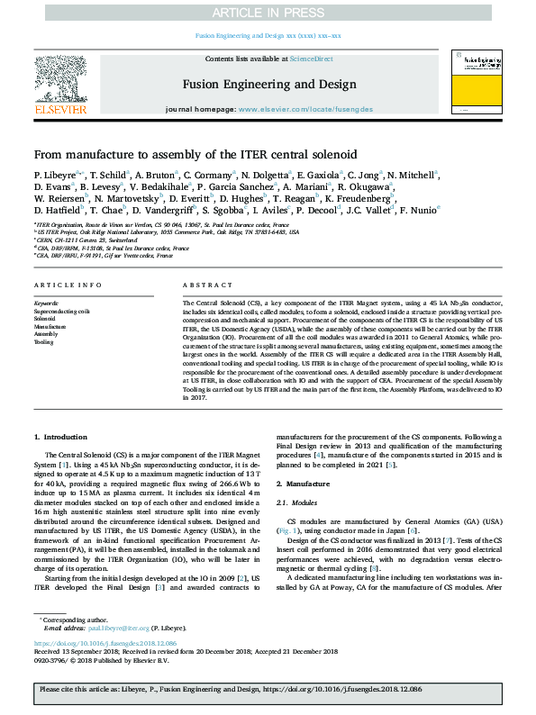 (PDF) From manufacture to assembly of the ITER central solenoid