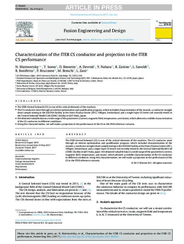 (PDF) Characterization of the ITER CS conductor and projection to the ...